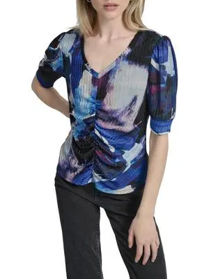 Dkny Print Ruched Puff Sleeve Top - Blue Brush