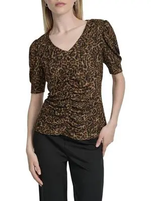 Dkny Print Ruched Puff Sleeve Top - Compact Cheetah