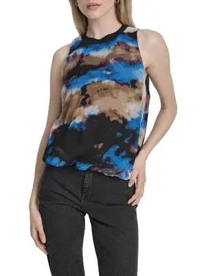 Dkny Printed Sleeveless Chiffon Bubble Top - Clouded Indigo