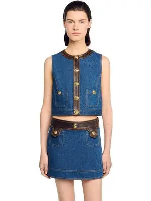 Sandro Denim And Leather Cropped Top - Dark Blue