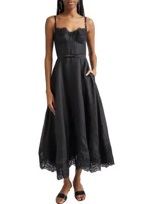 Zimmermann Hypnotic Lace Trim Corset Midi Dress - Black