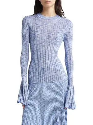 Zimmermann Hypnotic Bell Sleeve Mouliné Rib Sweater - Blue Multi