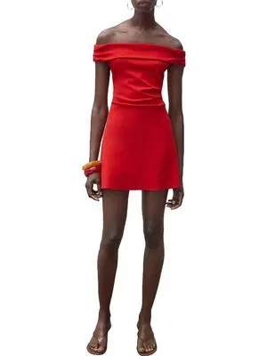 Mango Pleated Off-the-shoulder Mini Dress - Red