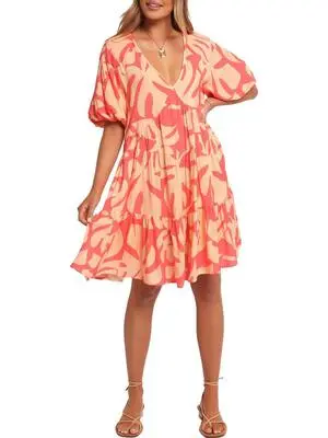 PETAL & PUP Puff Sleeve Tiered Mini Dress - Coral Print