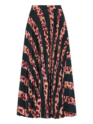 MILLY Otha Leopard Print Pleated Midi Skirt - Black/brown