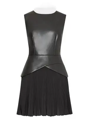 MILLY Haddy Leather Pleated Combo Mini Dress - Black/black