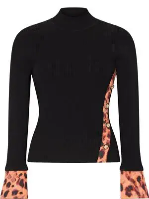 MILLY Printed Satin Cuff Knit Top - Black/cheetah