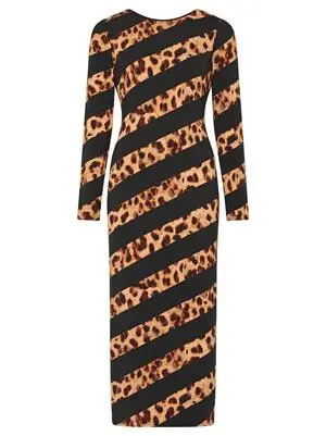 MILLY Leopard Stripe Jersey Midi Dress - Black/brown