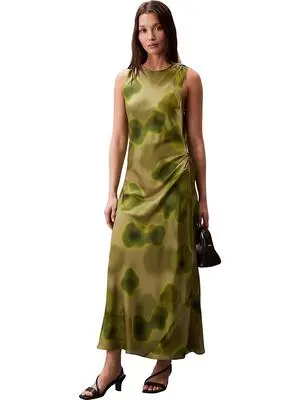 Calvin Klein Printed Crushed Satin Midi Dress - Green Multi