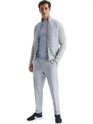 REISS Quilted Zip-Through Funnel Neck Jumper Soft Grey