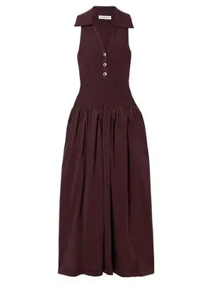 SELF-PORTRAIT Embellished Ribbed-knit And Poplin Maxi Dress - Brown