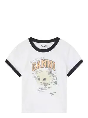 GANNI Kitty-print Ringer Top - White