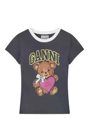 GANNI Teddy-Print Ringer T-Shirt Grey
