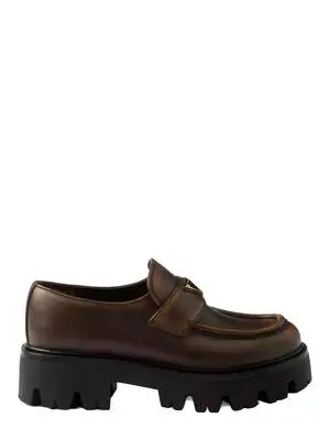 Prada Triangle-logo Platform Leather Loafers - Brown