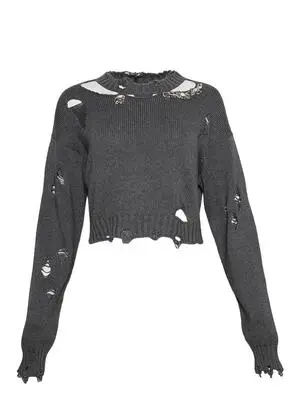 AREA Distressed Crewneck Sweater With Crystal Embellishments Grey