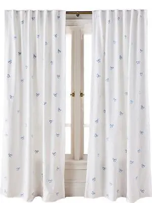 Maeve Cotton Embroidered Bow Curtain - Sky
