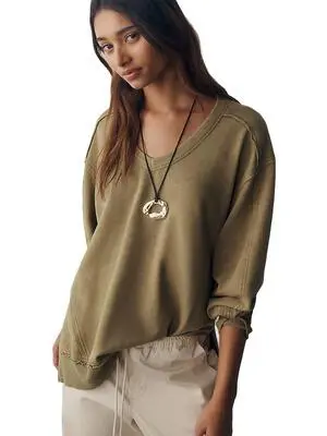 PILCRO Long-sleeve V-neck Oversized Popover Top - Moss