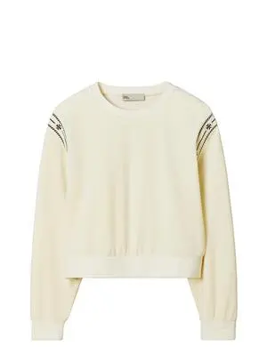 Tory Burch Tory Burch T Logo Velour Crewneck Pullover New Ivory