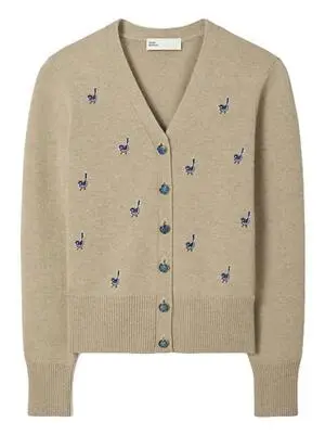 Tory Burch Birdie-embroidered Cashmere Cardigan - Deep Toffee