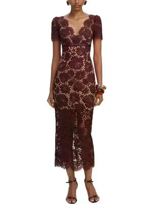 SELF-PORTRAIT Floral Lace Midi Dress - Red