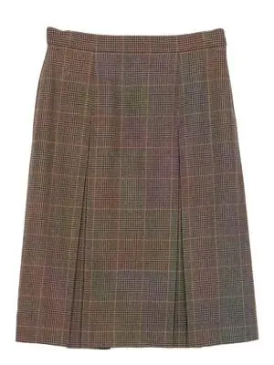 Saint Laurent Pleated Plaid Midi Skirt Brown