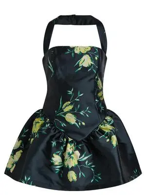DE LA VALI Aura Floral-print Faille Mini Dress - Black