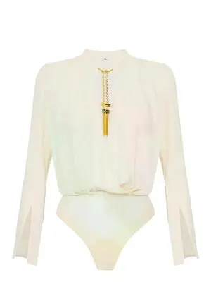 Elisabetta Franchi Georgette Bodysuit With Tassel Embellishments Neutrals