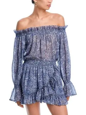 Aqua Metallic Print Off Shoulder Top - Blue