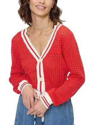 Central Park West Junie Varsity Mesh Stitch Cardigan - Red