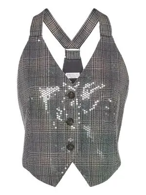 Brunello Cucinelli Sequinned Checked Waistcoat - Grey