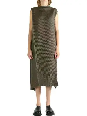 Issey Miyake Fold Pleats Sleeveless Midi Dress - Green