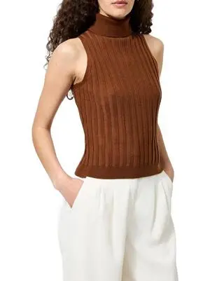 French Connection Rib Turtleneck Sleeveless Sweater Chocolate
