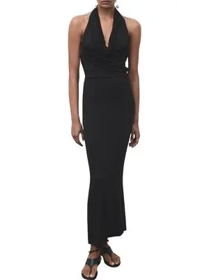 Mango Draped Cowl Neck Halter Dress - Black