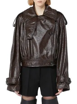 Sportmax Glossy Faux Leather Bomber Jacket - Coffee