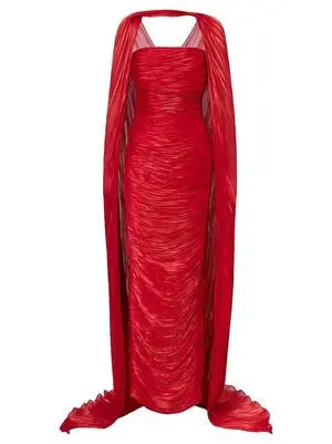 MARMAR HALIM Caped Pleated Bustier Gown - Red