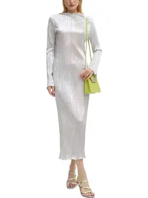 NEVER FULLY DRESSED Plissé-effect Long-sleeve Midi Dress - Silver