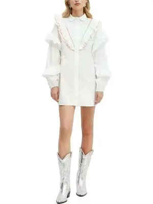 NEVER FULLY DRESSED Embroidered Ruffled Shirt Dress - White