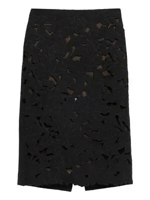 Oscar De La Renta Tweed Midi Skirt With Floral Embroidery - Black
