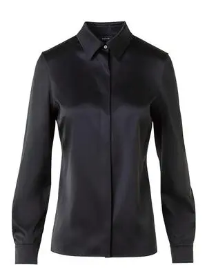 Akris Stretch Silk Satin Button-Down Blouse Black