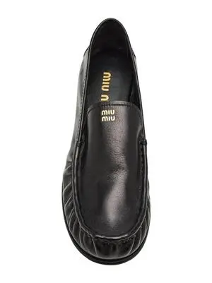 Miu Miu Ruched Leather Moccasin Loafers - Nero