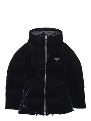Prada Cinched Velvet Puffer Jacket Bleu