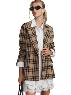 Avec Les Filles Double-breasted Plaid Blazer Jacket - Beige Plaid