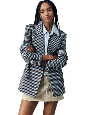Avec Les Filles Double-breasted Knit Plaid Blazer - Navy Gingham
