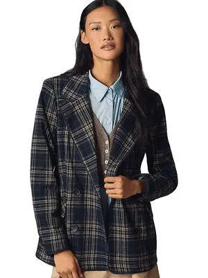 Avec Les Filles Double-breasted Knit Plaid Blazer - Navy Plaid / Navy