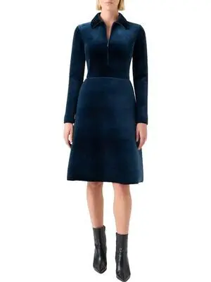 Akris Long Sleeve Velvet Neoprene A-line Shirtdress - Denim Blue