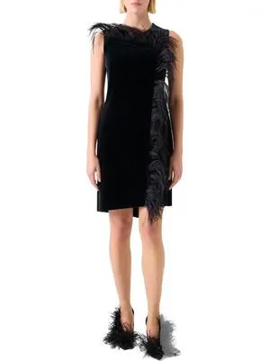 Akris Feather Trim Velvet Neoprene Sheath Dress - Black