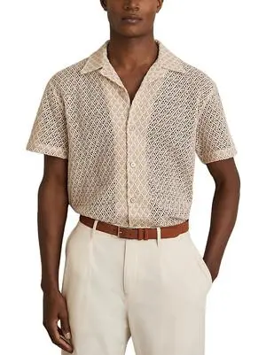 REISS Sterling Geo Crochet Button Down Camp Shirt - Oatmeal