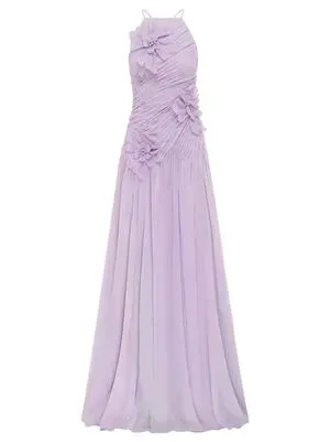 LEO LIN Pleated Floral-appliqué Maxi Dress - Purple
