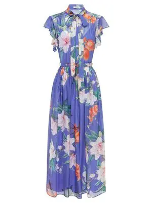 LEO LIN Floral-print Belted Maxi Dress - Blue