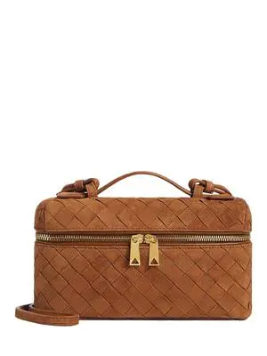 Bottega Veneta Suede Vanity Case With Intrecciato Weave And Detachable Strap Brown